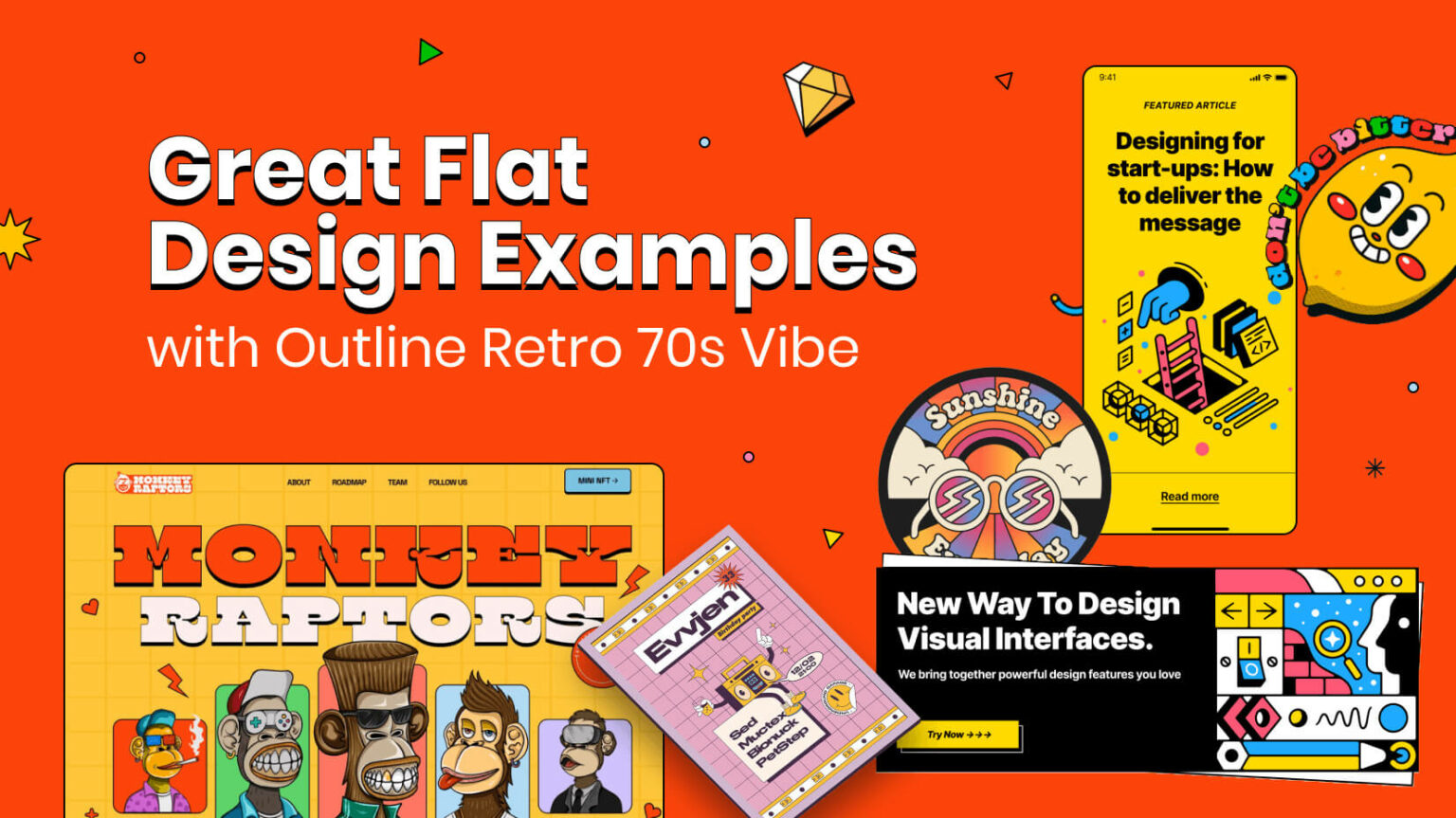 40+ Great Flat Design Examples with Outline Retro 70s Vibes | GM Blog